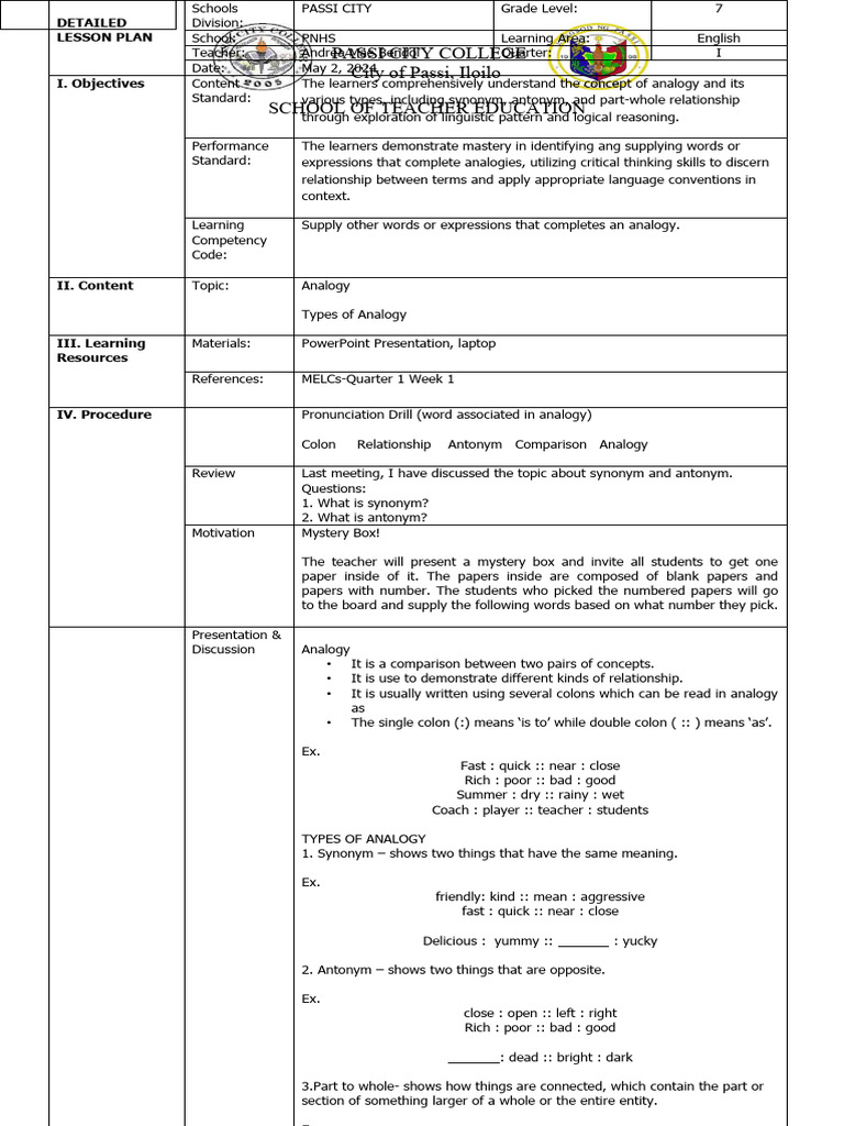 Andrea Mae Bendol Lesson Plan in Final Demo | PDF | Analogy | Learning