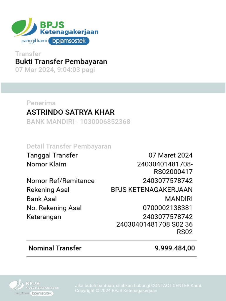 Bukti Transfer Pembayaran BPJS Ketenagakerjaan | PDF | Finance & Money ...