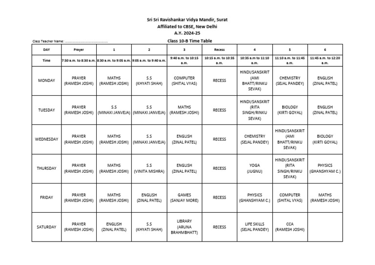 Sri Sri Ravishankar Vidya Mandir, Surat Affiliated To CBSE, New Delhi A.Y. 2024-25 Class 10-B ...