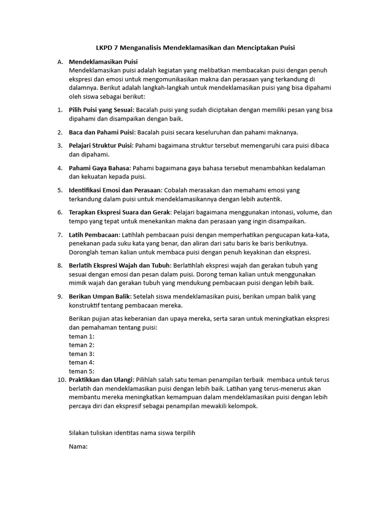 LKPD 7 Menganalisis Mencipta Dan Mendeklamasikan Puisi | PDF
