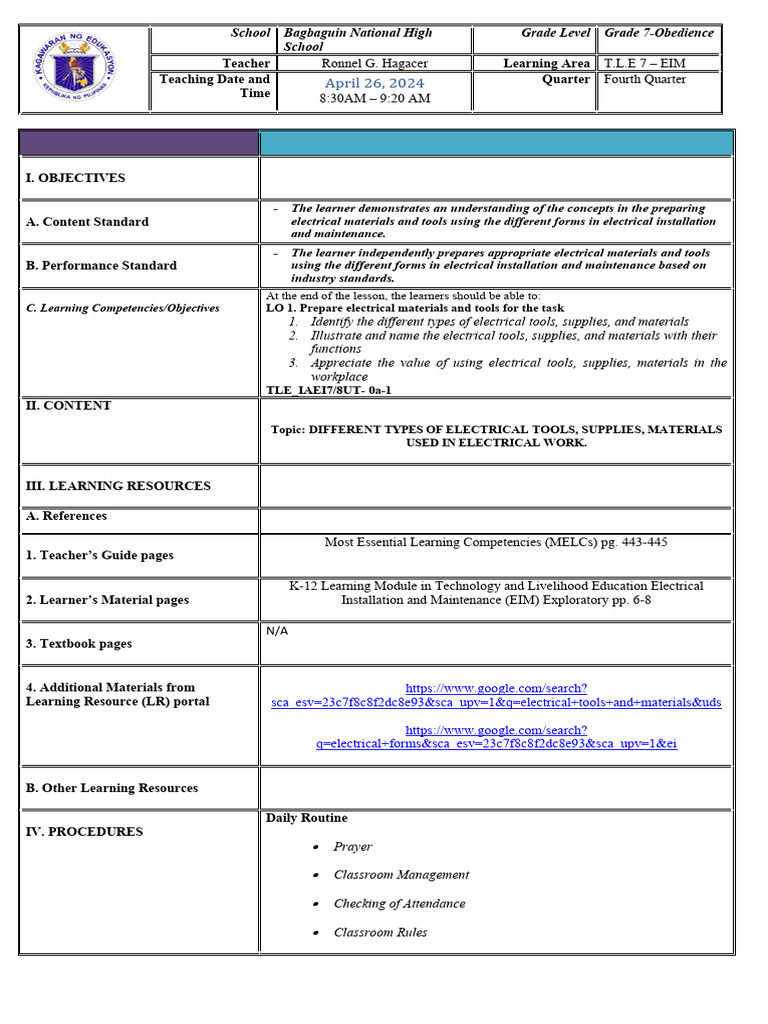 Ronnelhagacer Demonstration Lesson Plan.. | PDF | Screw | Manufactured ...