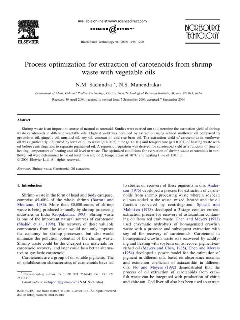 Process optimization for extraction of carotenoids from shrimp (1) | PDF | Vegetable Oil | Foods