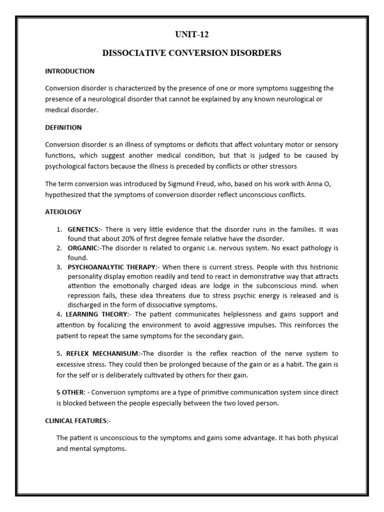 UNIT-12 Dissociative Conversion Disorders | Download Free PDF ...
