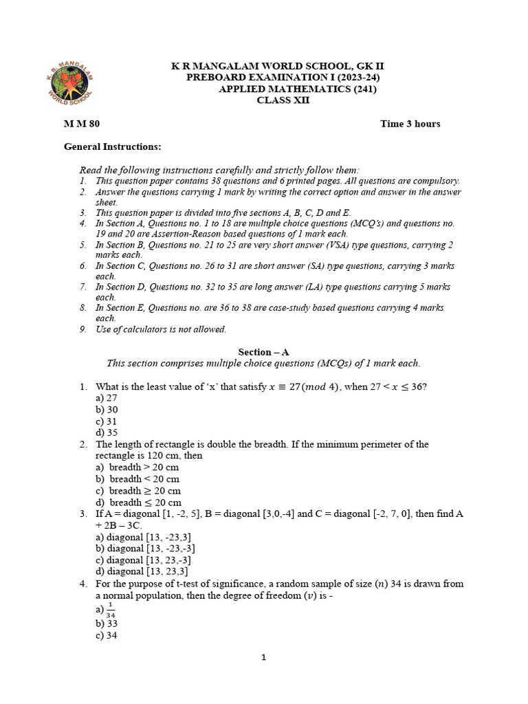 Class XII Applied Mathematics 2023-24 (K R Mangalam School) | PDF | Multiple Choice
