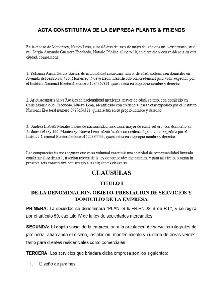 Acta Constitutiva de La Empresa Plants | Descargar gratis PDF | Sociedad de responsabilidad limitada