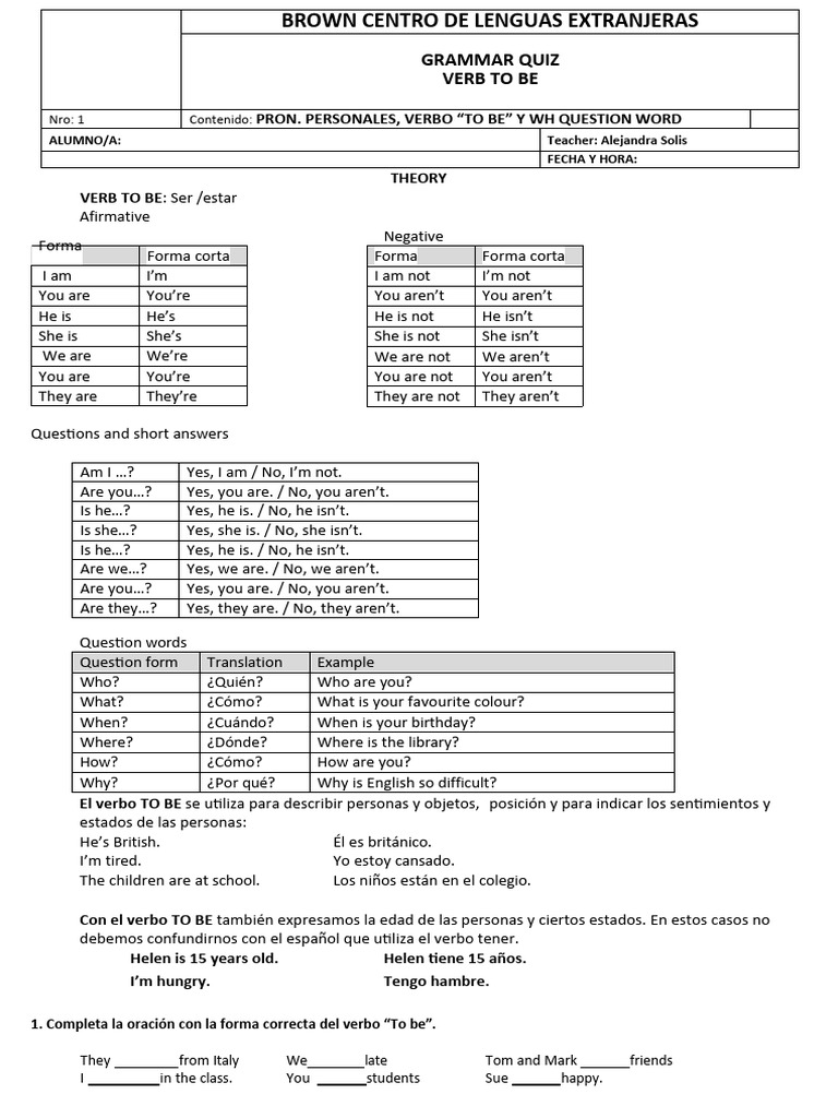 A1. Quiz verb to be | PDF | Semantics | Language Mechanics