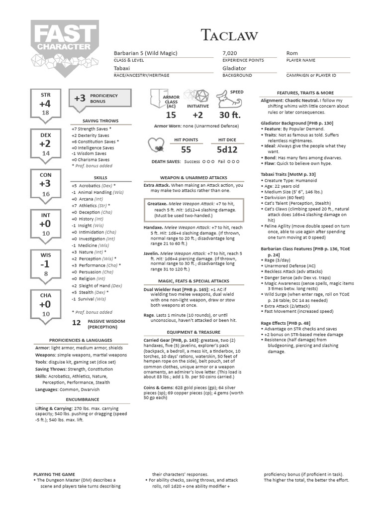 Fast Character _ D&D Character Maker _ Tabaxi Barbarian 5 (Wild Magic ...