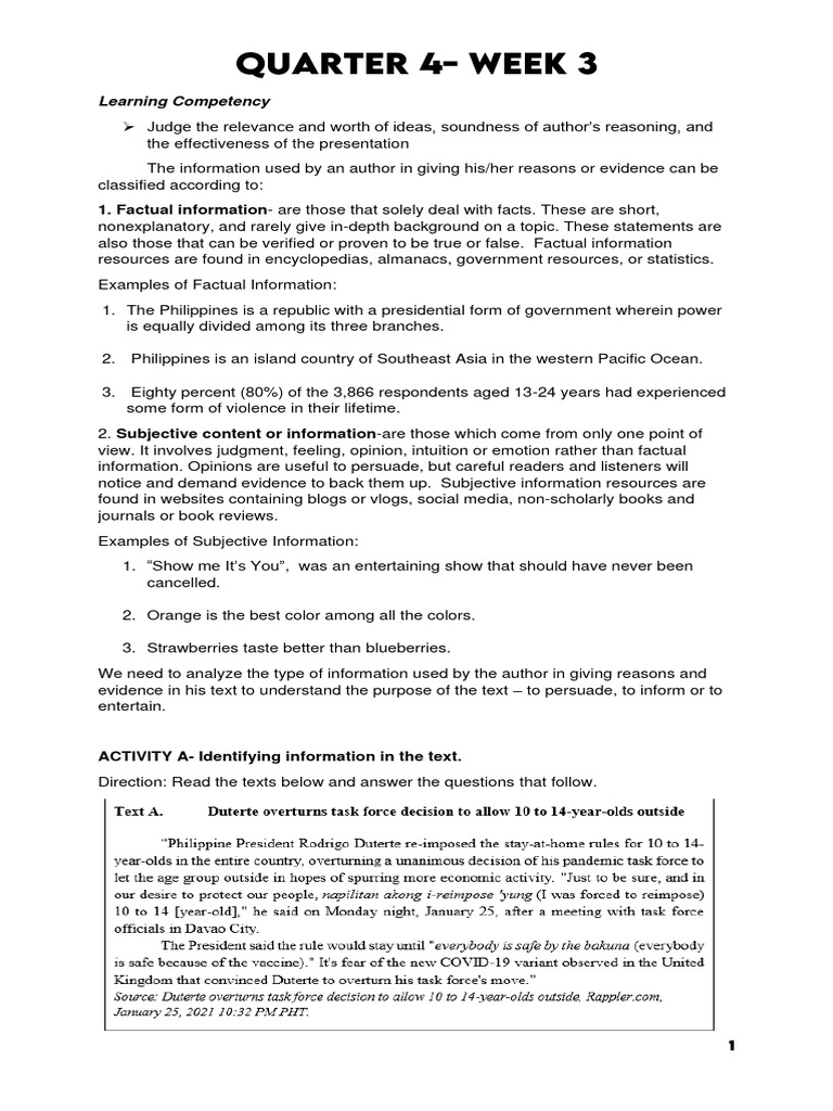 English 9 Q4 Weeks 3 6 | PDF | Essays | Reason