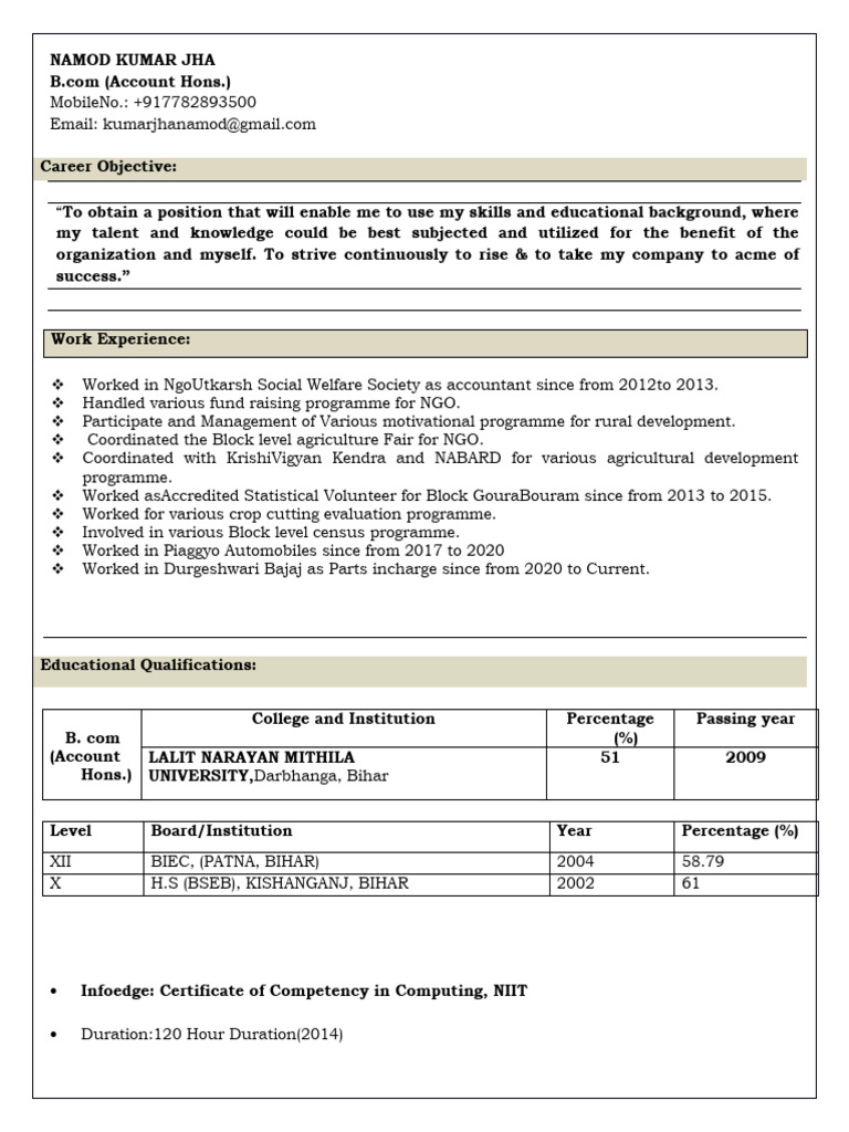 Pramod - Resume, Adahr, PAN & Bank (All) | PDF