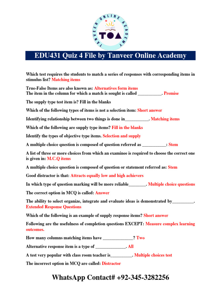 EDU431 Quiz 4 File by Tanveer Online Academy | PDF | Multiple Choice ...