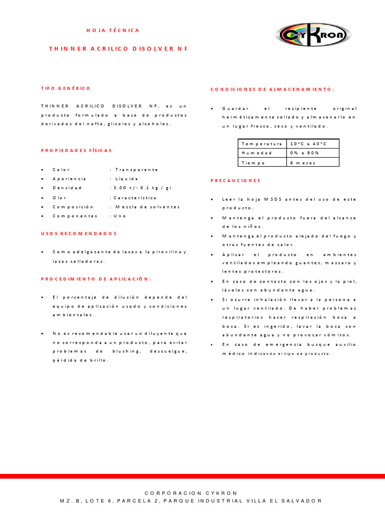 Ficha Tecnica HT - Thinner Acrilico Disolver NF | PDF