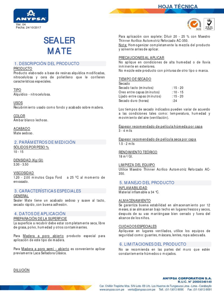 Sealer Mate: Hoja Técnica y Aplicaciones | PDF