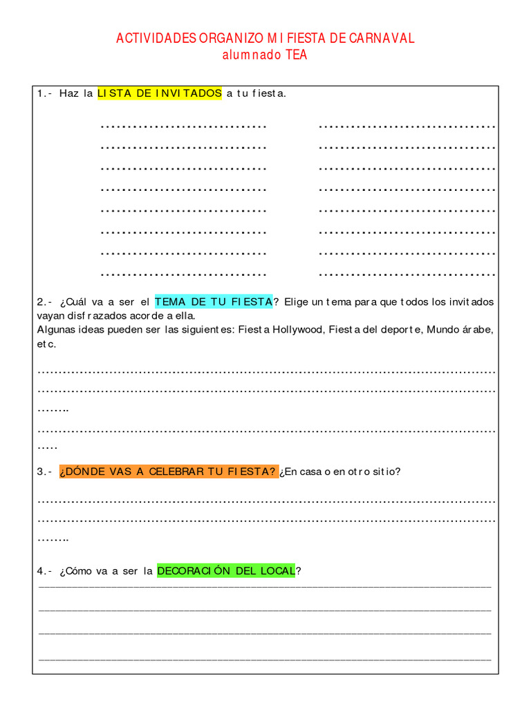 ACTIVIDADES ORGANIZO MI FIESTA DE CARNAVAL-alumnado TEA | PDF