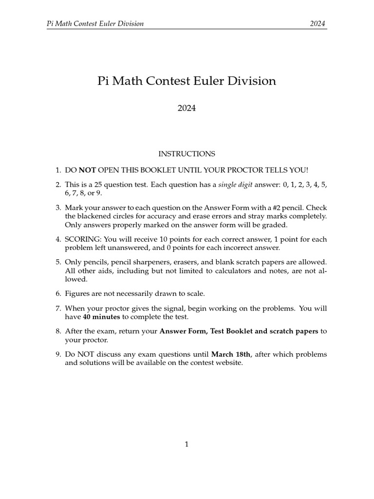 2024 Pi Math Contest Instructions | PDF | Pi | Numbers