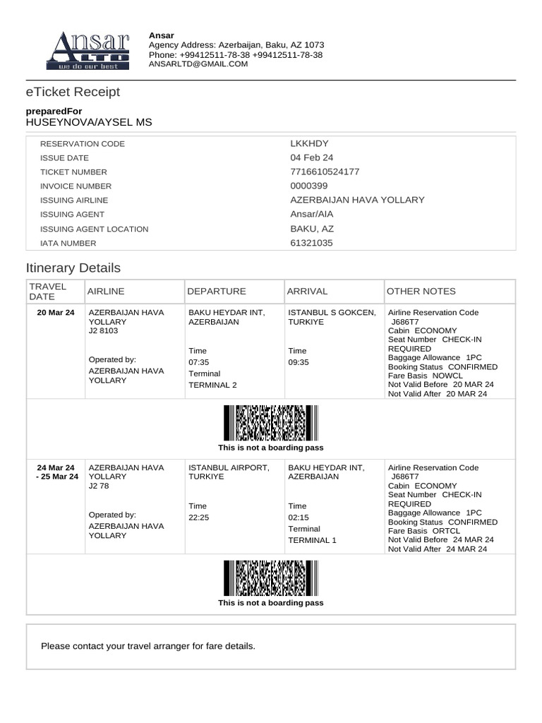 Electronic Ticket Receipt, March 20 for MS AYSEL HUSEYNOVA | PDF