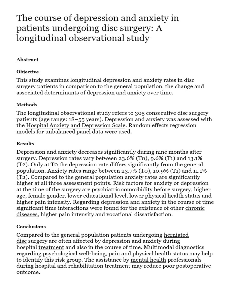 The Course of Depression and Anxiety in Patients Undergoing Disc ...