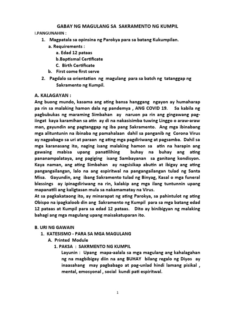 KATESISMO PARA SA MAGULANG SA SAKRAMENTO NG KUMPIL | PDF
