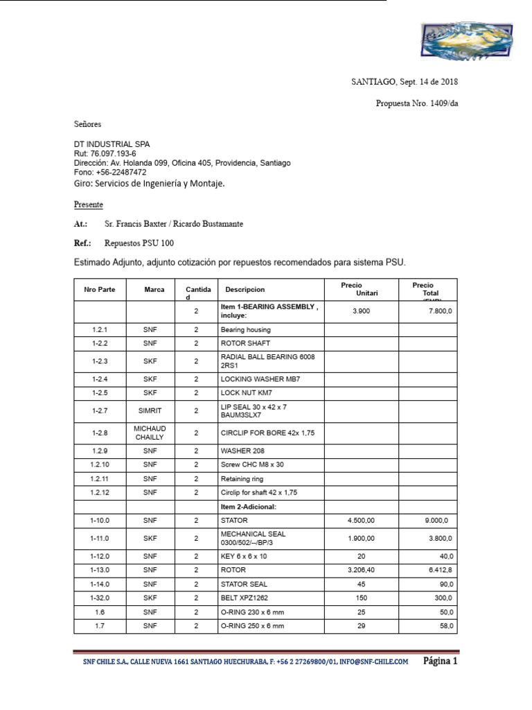 Propuesta Repuestos PSU 100 Nro 1409 SNF | PDF