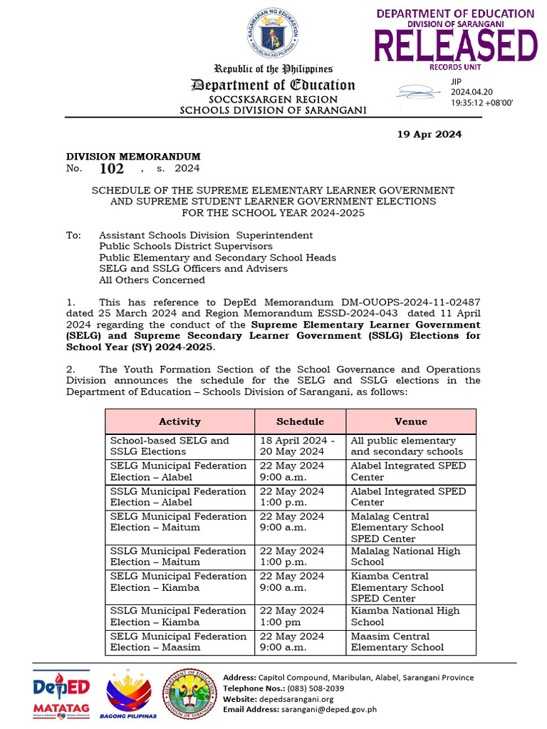 DM 102 2024 Schedule of The Supreme Elementary Learner Government and Supreme Student Learner ...