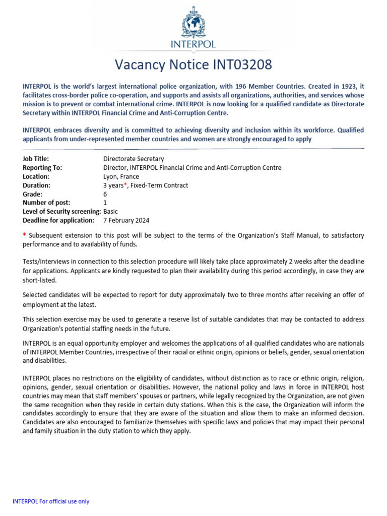 Vacancy Notice INT04313 Directorate Secretary IFCACC | PDF | Business