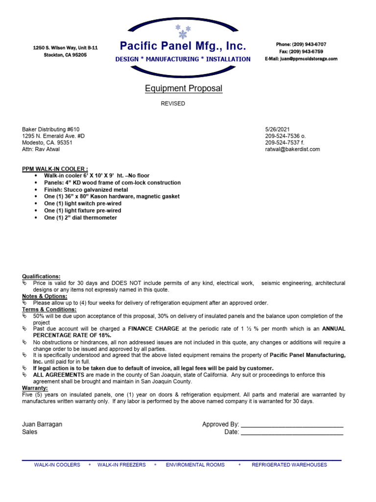 Walk-In Cooler Equipment Proposal | PDF | Refrigerator