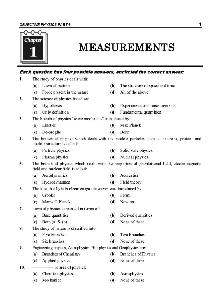 11th Physics MCQs Chapter 1 | PDF