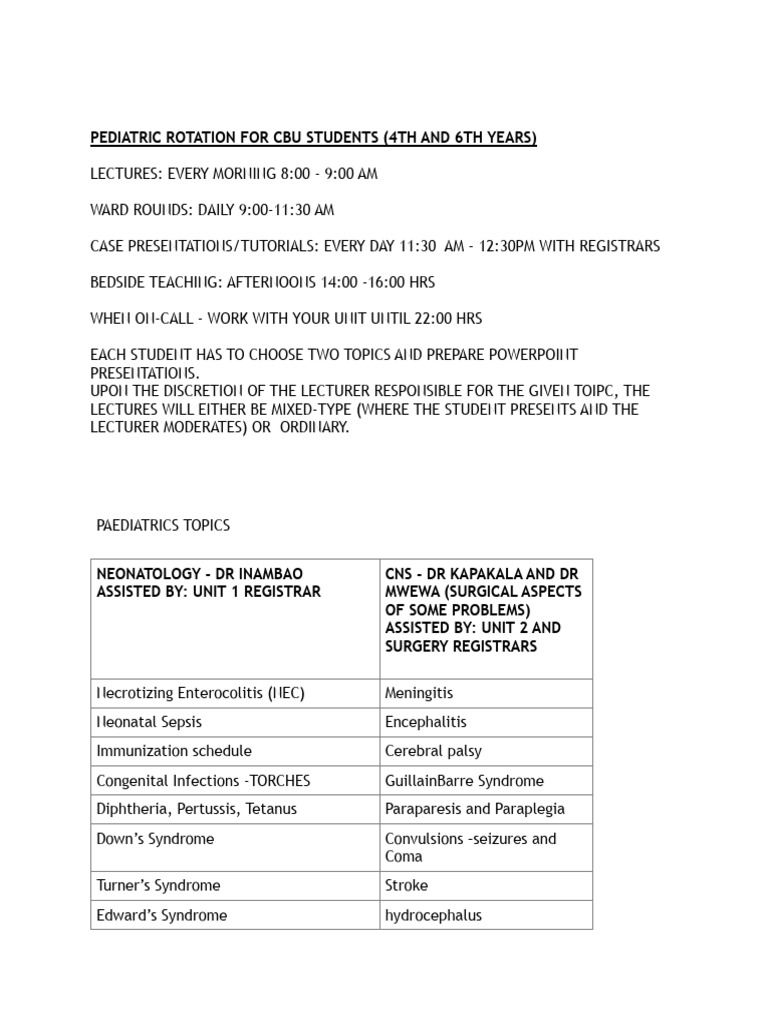 Pediatric Rotation Schedule for CBU Students | PDF | Diseases And ...