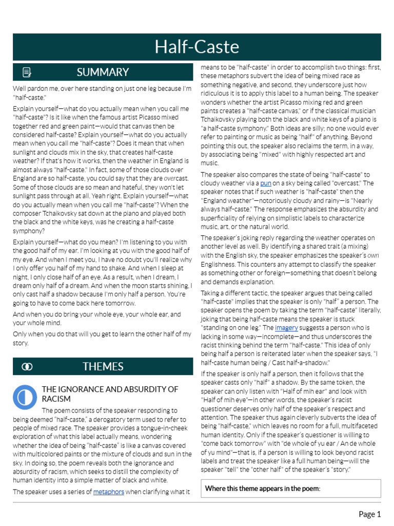 Half-Caste (Summary, Analysis & Themes) | PDF | Poetry | Racism