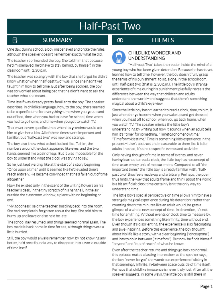 Half-Past Two (Summary, Analysis & Themes) | PDF | Poetry | Metre (Poetry)