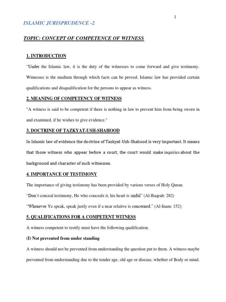 Competence of Witness in Islamic Law | PDF | Testimony | Witness