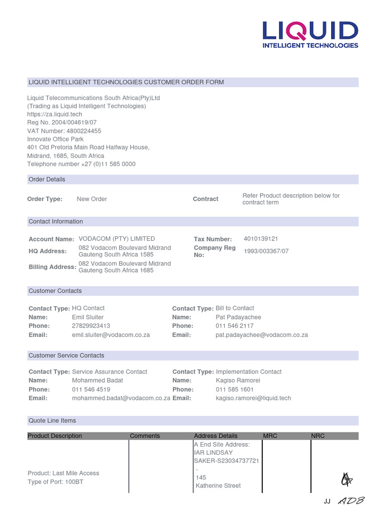 Liquid Intelligent Technologies Order Form | PDF | Value Added Tax ...