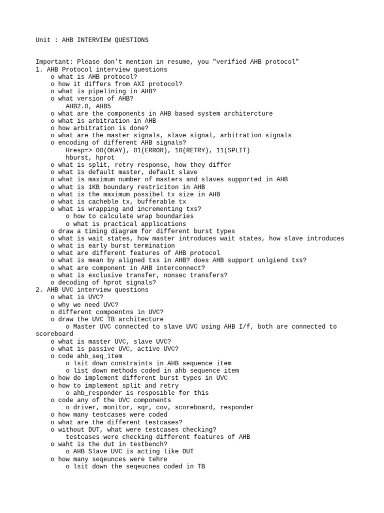 Unit AHB INTERVIEW QUESTIONS | PDF | Data Transmission | Computer Data