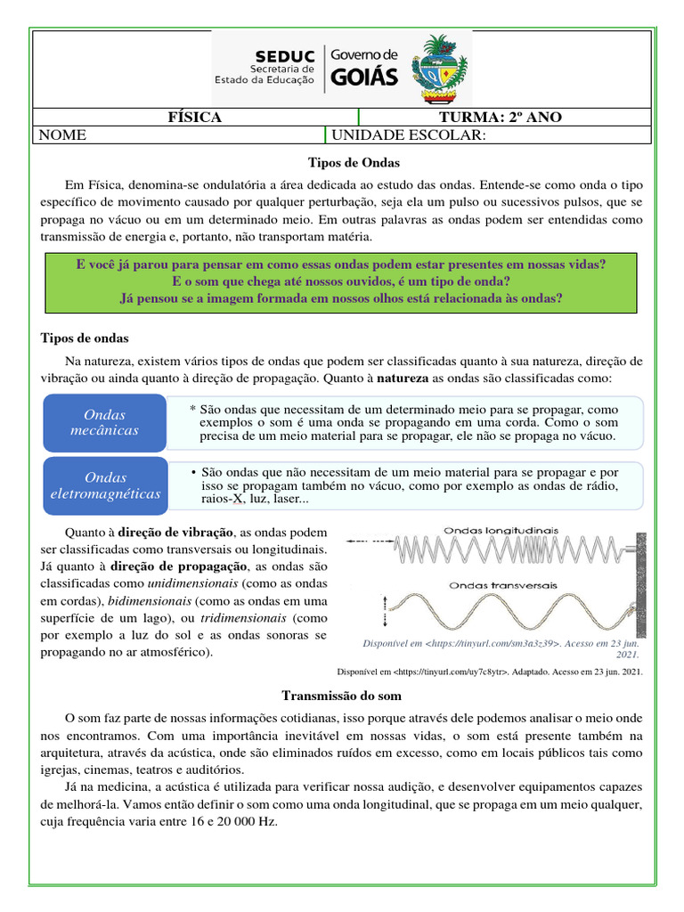 Atividades de Física - Tipos de Ondas - 2º Ano | PDF | Ondas | Som