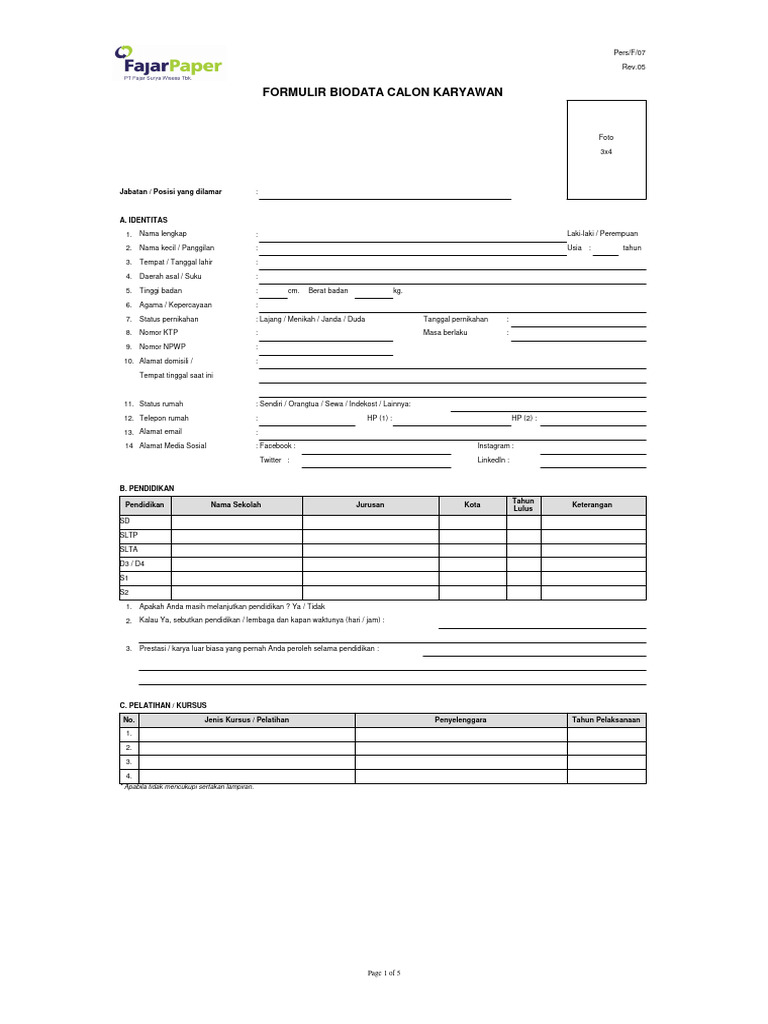 Formulir Biodata Calon Karyawan - Fajar Paper (Baru) | PDF
