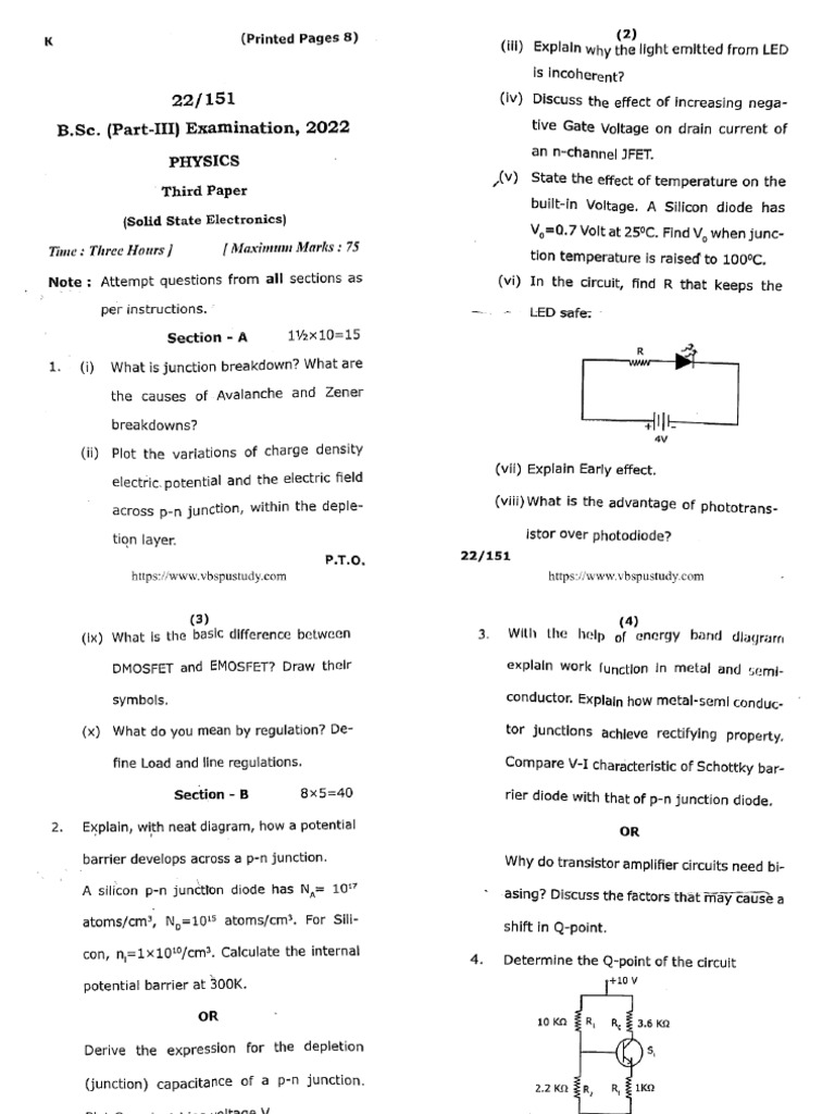 BSC Part 3 Physics Solid State Electronics 22 151 2022 | PDF