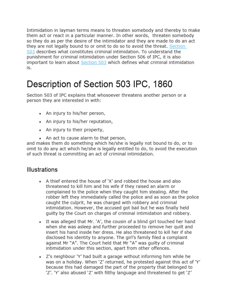 Law of Criminal Intimidation | PDF | Intimidation | Crimes