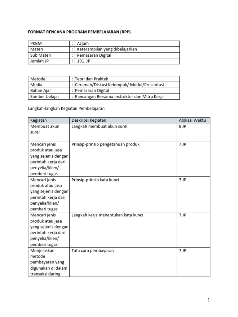 Template RPP PKW 2024 Keterampilan Yang Dibelajarkan | PDF