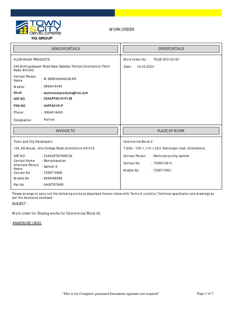 Aluminium Products Work order (TNCD-WO-00167) | PDF | Employment | Safety