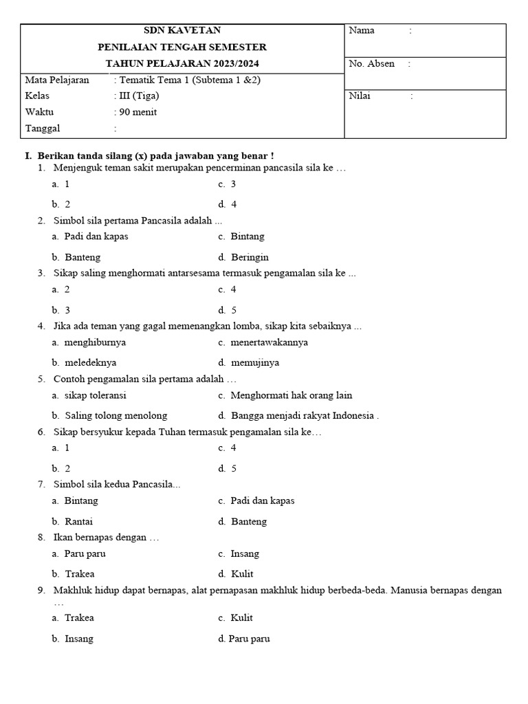 SOAL PTS KELAS 3 TEMA 1 Bagian 1 | PDF
