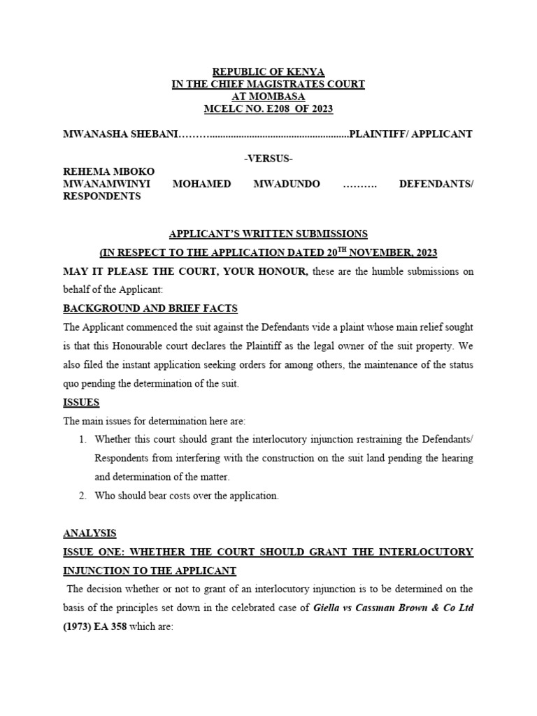 Mboko DRAFT SUBMISSIONS | PDF | Lawsuit | Injunction