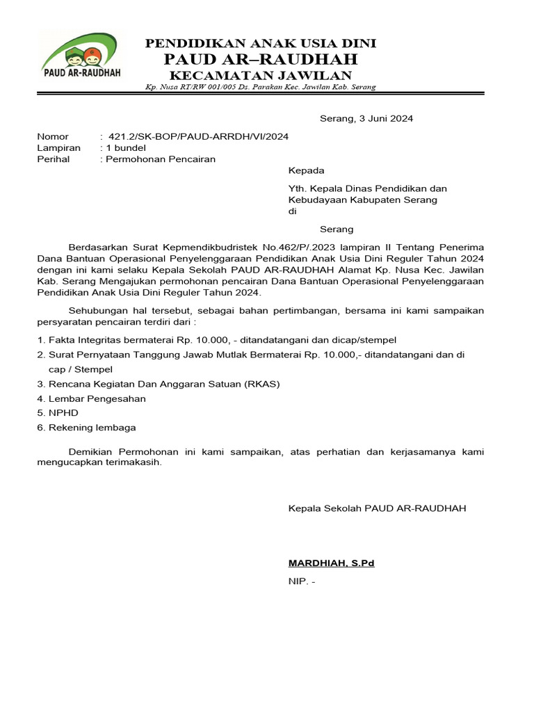 Contoh Surat Permohonan Pencairan BOP 2024 | PDF