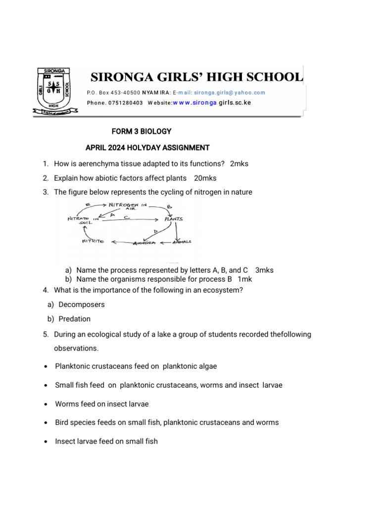 Form 3 Biology April 2024 Holyday Assignment Assignments - Form 3 - Biology | PDF | Science ...