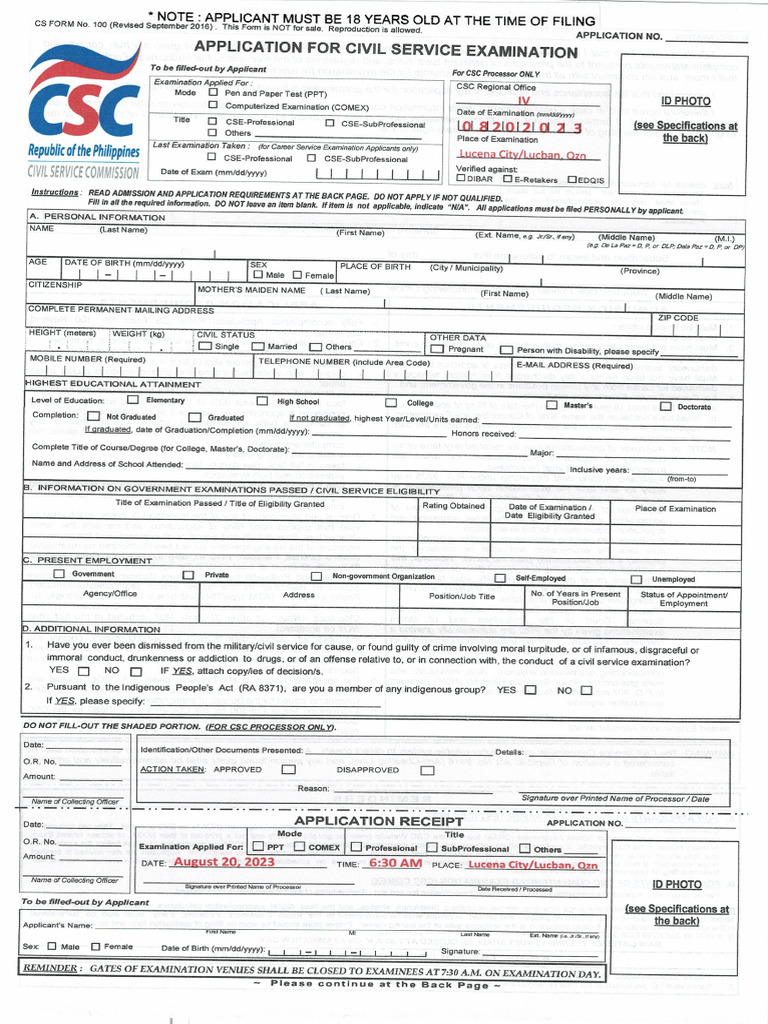CS Form No. 100 (Revised September 2016) - For August 2023 | PDF