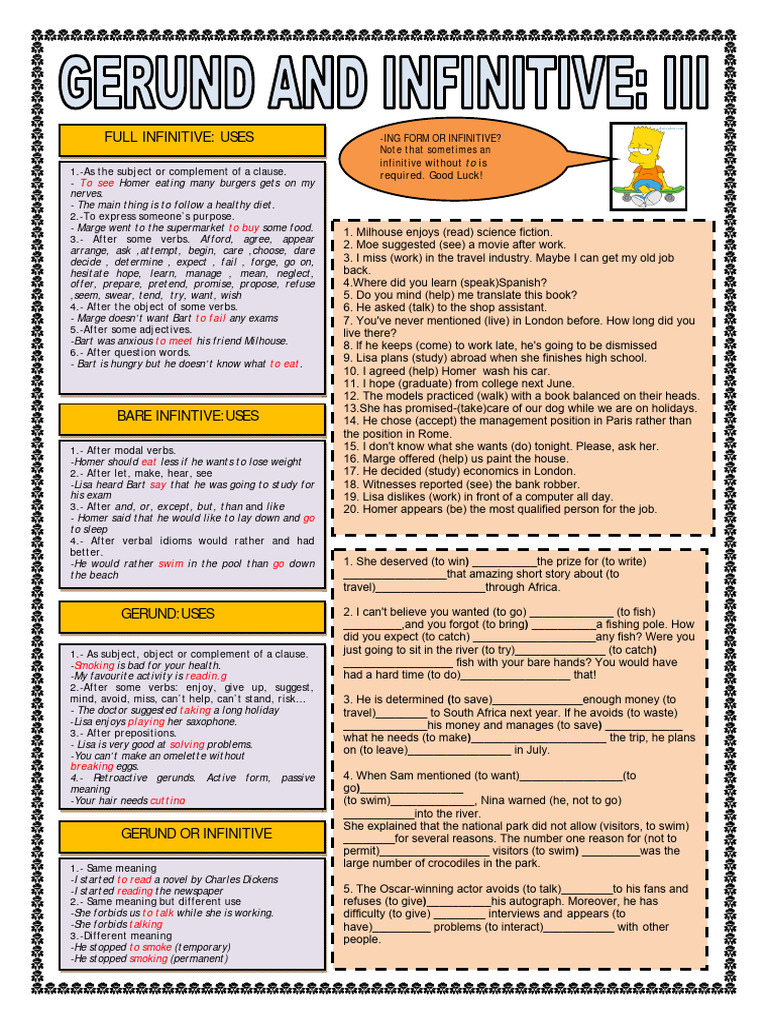 Gerunds and Infinitives Exercises PDF | PDF | Bart Simpson | Verb