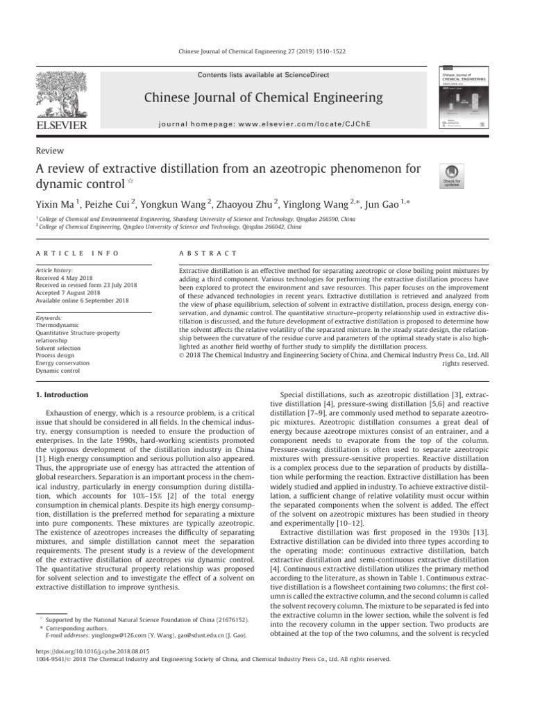 A Review of Extractive Distillation From An Azeotropic Phenomenon For ...