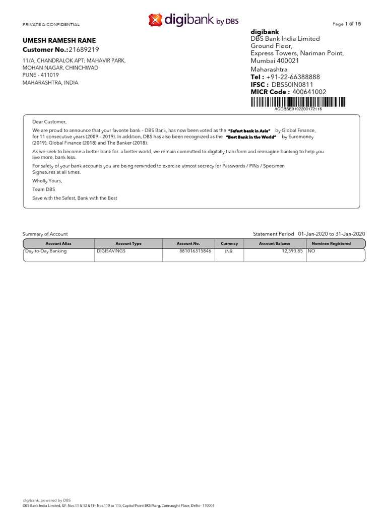 DBS Bank Account Statement January 2020 | PDF | Banks | Debit Card