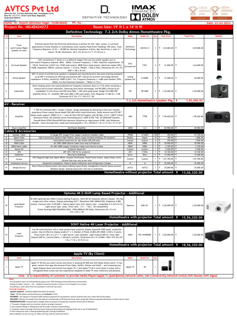 Definitive Technology Dolby Atmos 7.2.2ch Hometheatre - Mr. Rajesh - 23.04.2024 | PDF ...