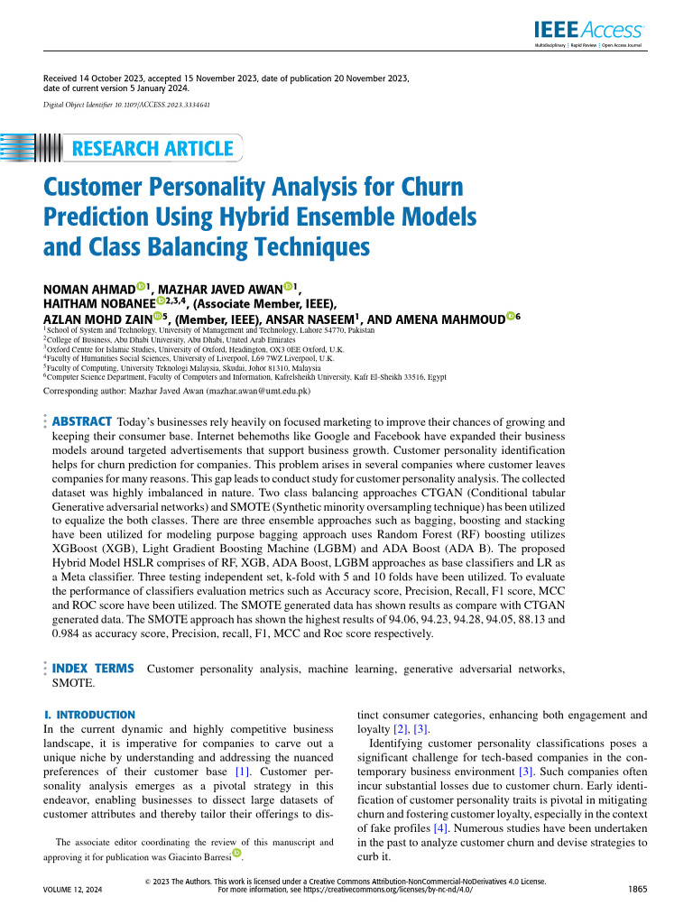 Customer Personality Analysis For Churn Prediction Using Hybrid Ensemble Models and Class ...