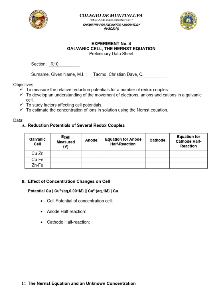 Experiment 4 Preliminary Data Sheet | PDF | Ion | Redox