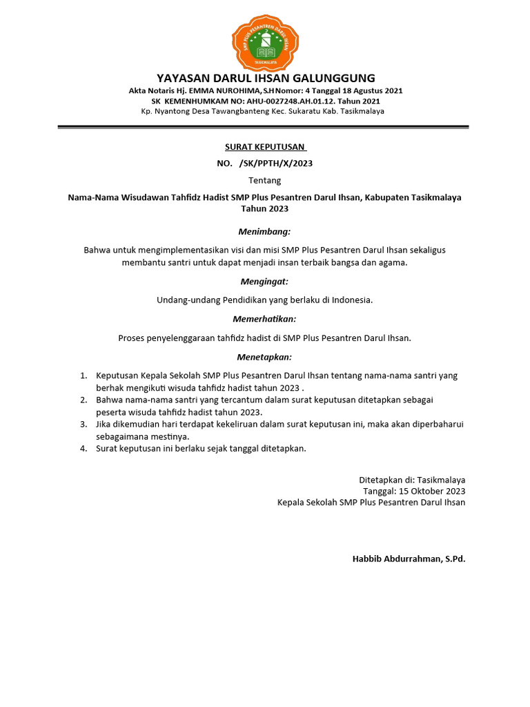 SK Wisuda Tahfidz Hadist | PDF